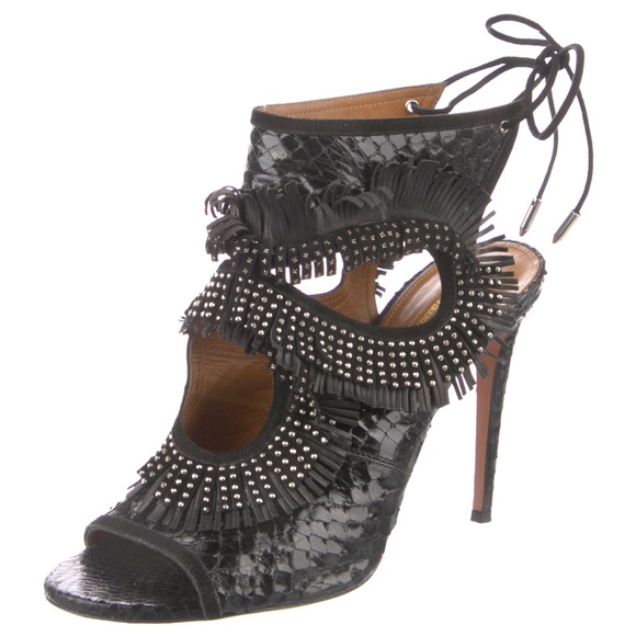 Aquazzura | Shoes | Aquazzura Black Python Studded Fringe Heels 385 ...